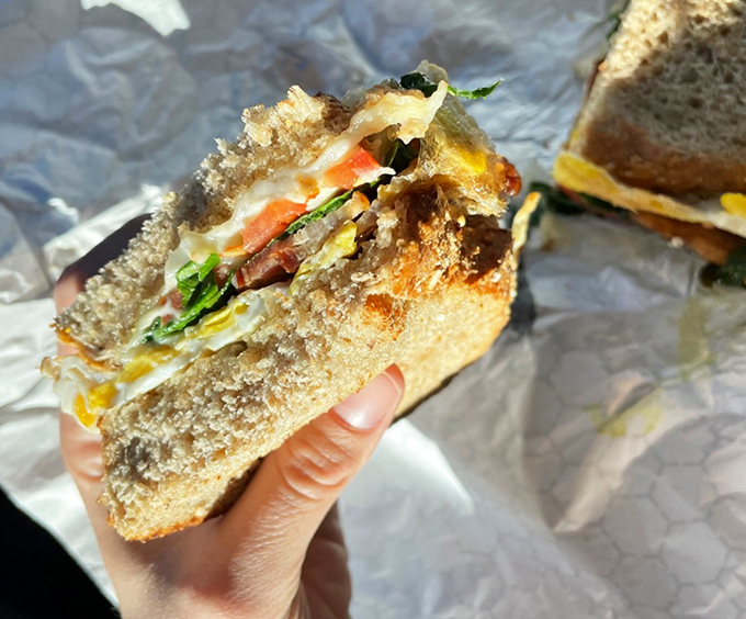 A sandwich that understands the importance of structural integrity—layers of fresh ingredients nestled between bread that's clearly overachieving in the best possible way.
