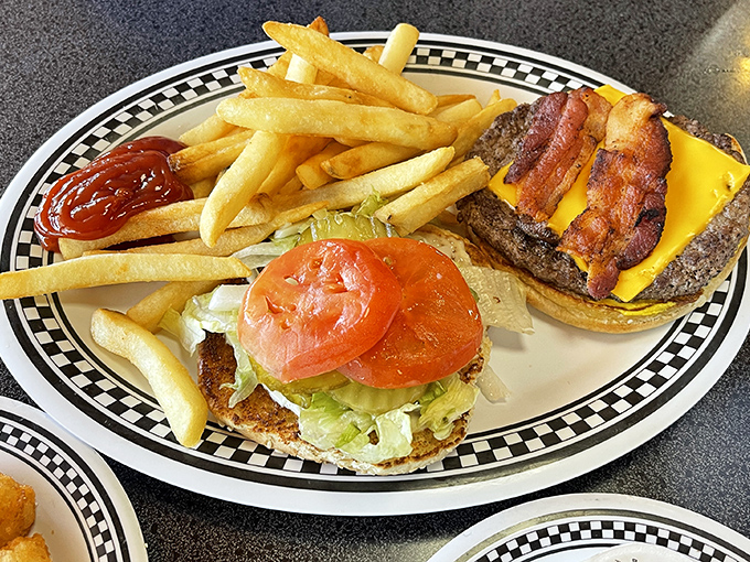 The burger that launched a thousand naps – complete with crispy fries and that perfect cheese-to-bacon ratio that mathematicians dream about.