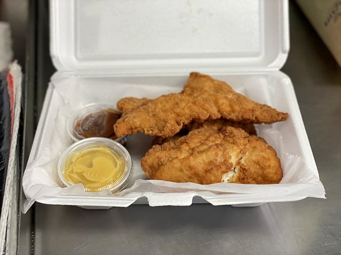 Golden-fried chicken fingers that could make a vegetarian question their life choices. Crispy outside, tender inside—the textbook definition of satisfaction.