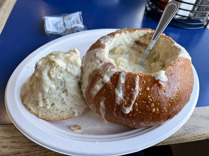 Clam chowder served in its rightful throne—a sourdough bread bowl. The ultimate California comfort food that makes foggy Monterey days feel like a blessing.