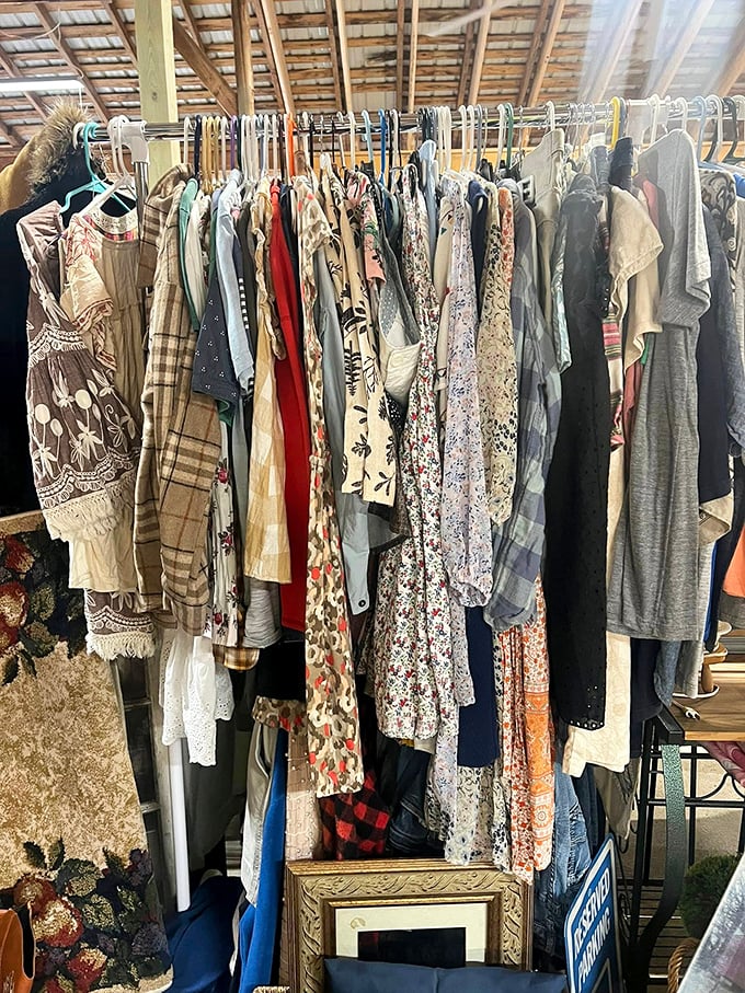 Fashion archaeology at its finest. Each garment on these packed racks tells a story—some from decades past, others just waiting for their next chapter..