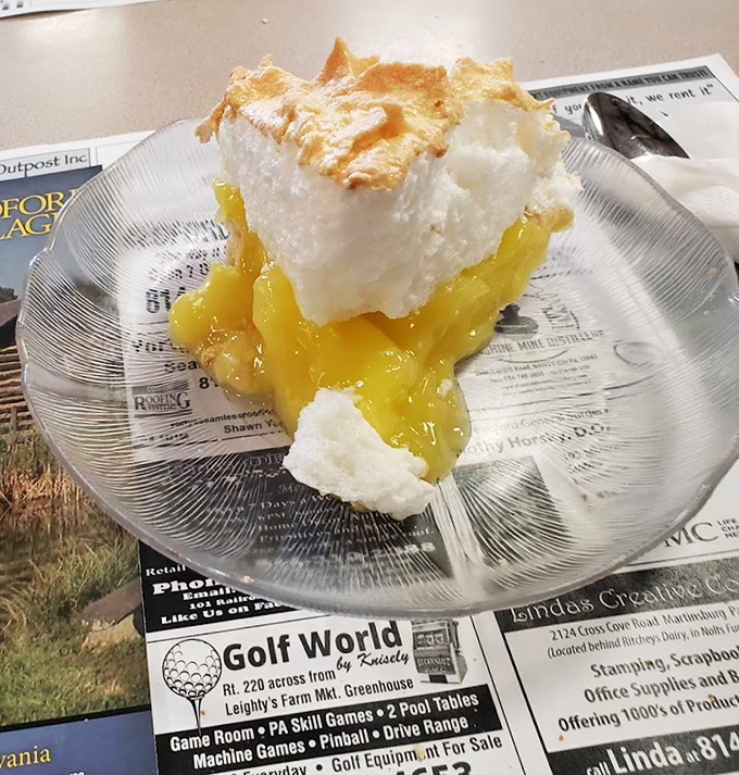 Lemon meringue pie with clouds of meringue so tall they need their own zip code – sweet, tart perfection that's worth every calorie.