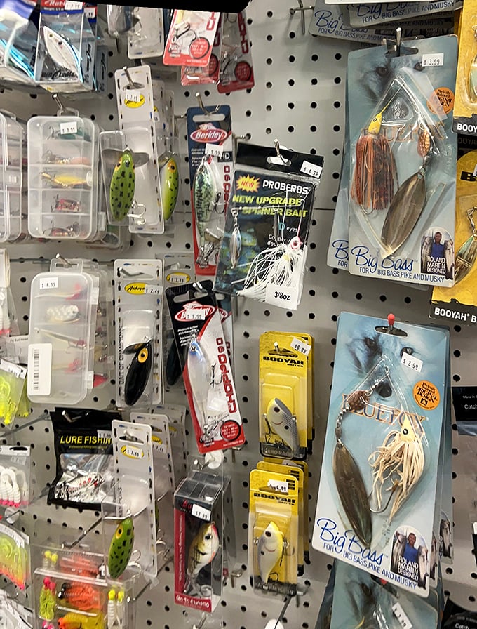 A fisherman's dream wall where every lure promises the big catch—and at these prices, you can afford to lose a few.