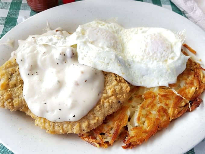 Country fried steak and eggs: the breakfast of champions who plan to nap by noon. Crispy coating, tender meat, and that gravy again!