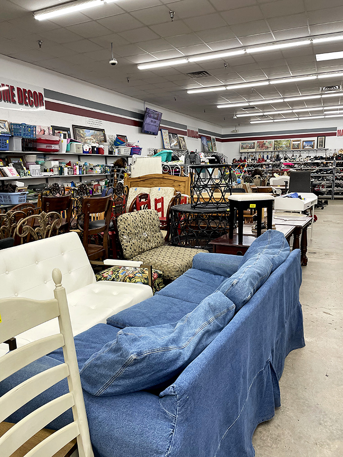 The furniture section – where that perfect blue denim sofa waits for someone brave enough to make the "Canadian tuxedo" of living room statements.