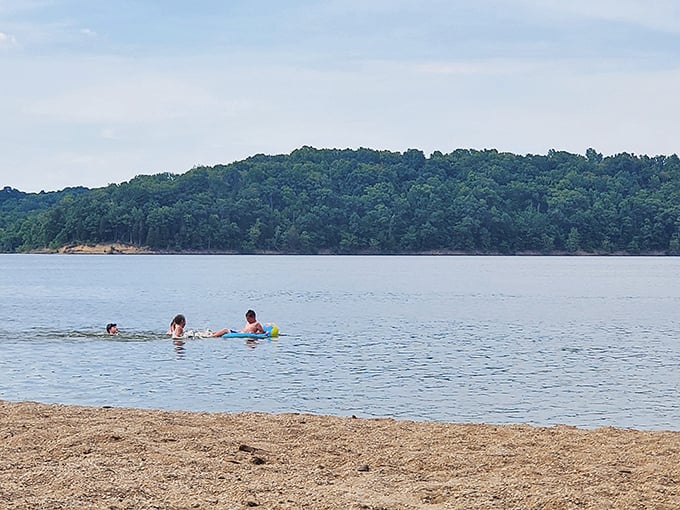 Childhood summers distilled to their essence—kids splashing in refreshing lake waters while forested hills create a natural amphitheater.