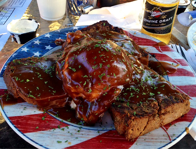 Comfort food gets the royal treatment with this meatloaf smothered in savory gravy, served on what might be America's most patriotic plate.