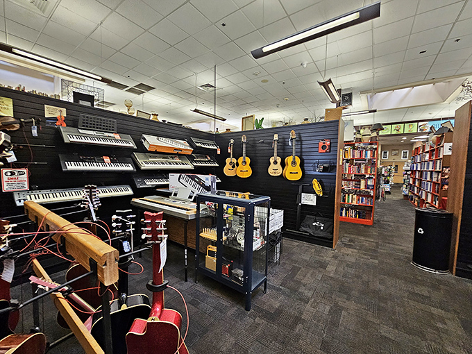 A guitar wall that makes every visitor briefly consider starting that band they've been talking about since college. This time for real, though.