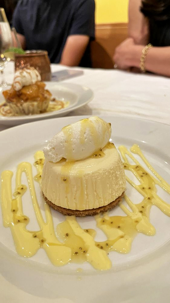 Dessert that makes you want to propose marriage. This passion fruit cheesecake with its perfect quenelle of cream is worth every calorie.