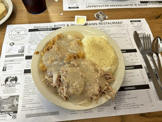 Turkey dinner that tastes like Thanksgiving without the family drama. The mashed potatoes aren't just a side—they're the supporting actor who steals the show.