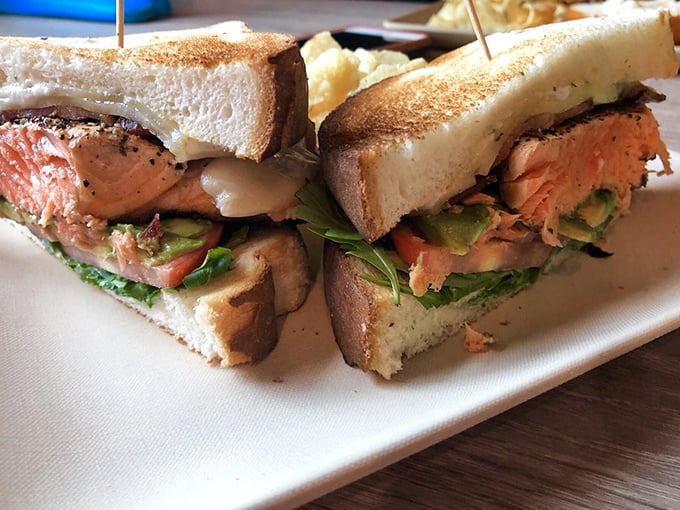 A salmon sandwich that would make upstream swimming worthwhile—layered with avocado and fresh greens between perfectly toasted bread.