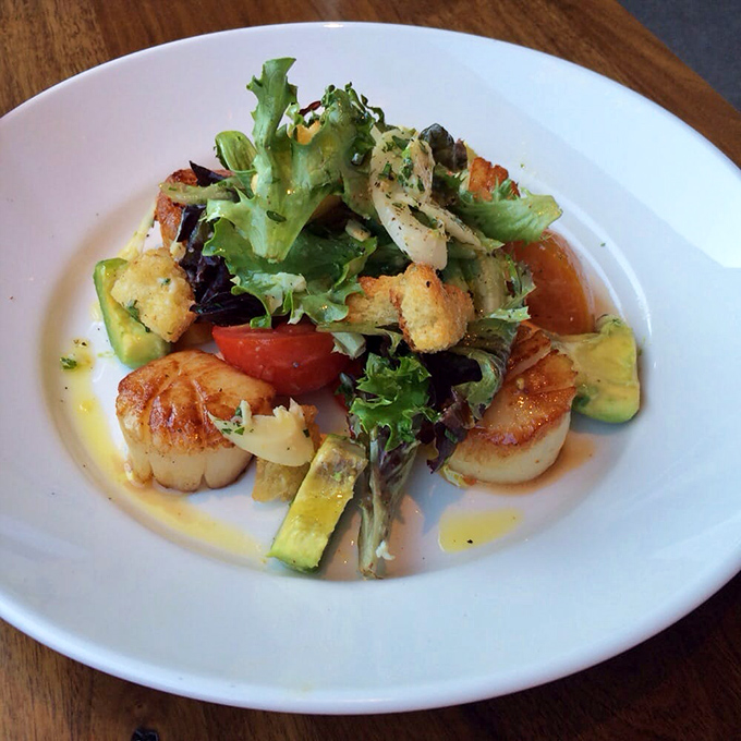 Pan-seared scallops nestled among fresh greens and avocado—a plate that proves simplicity and sophistication are perfect dining companions.