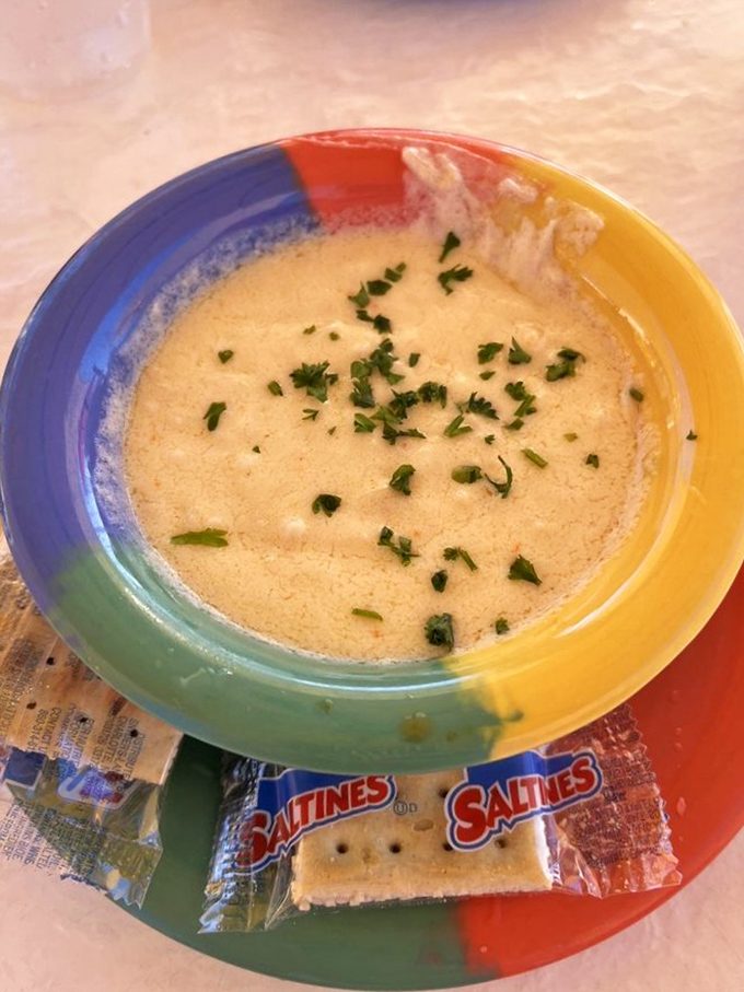 Soup that launched a thousand spoons! The legendary She-Crab soup arrives like a creamy cloud with delicate herbs floating on top—comfort in a colorful bowl.