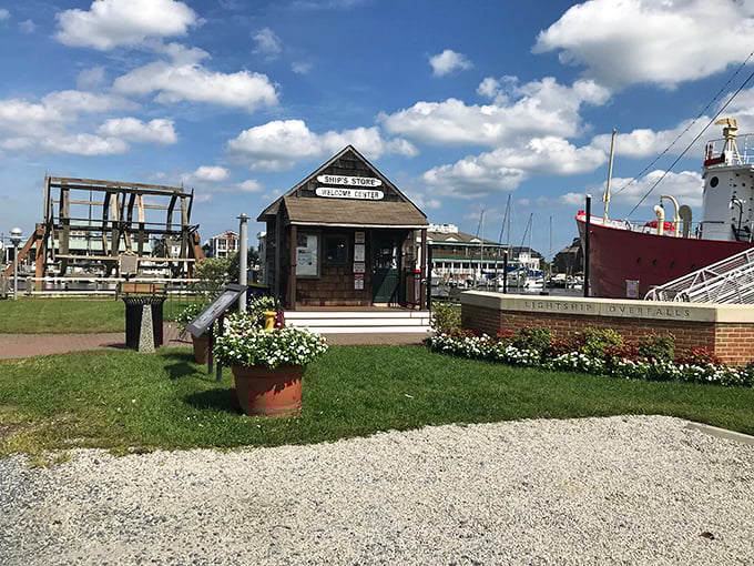The ship's store stands ready to welcome curious explorers, surrounded by flowers that never had to withstand the salt spray of open ocean.