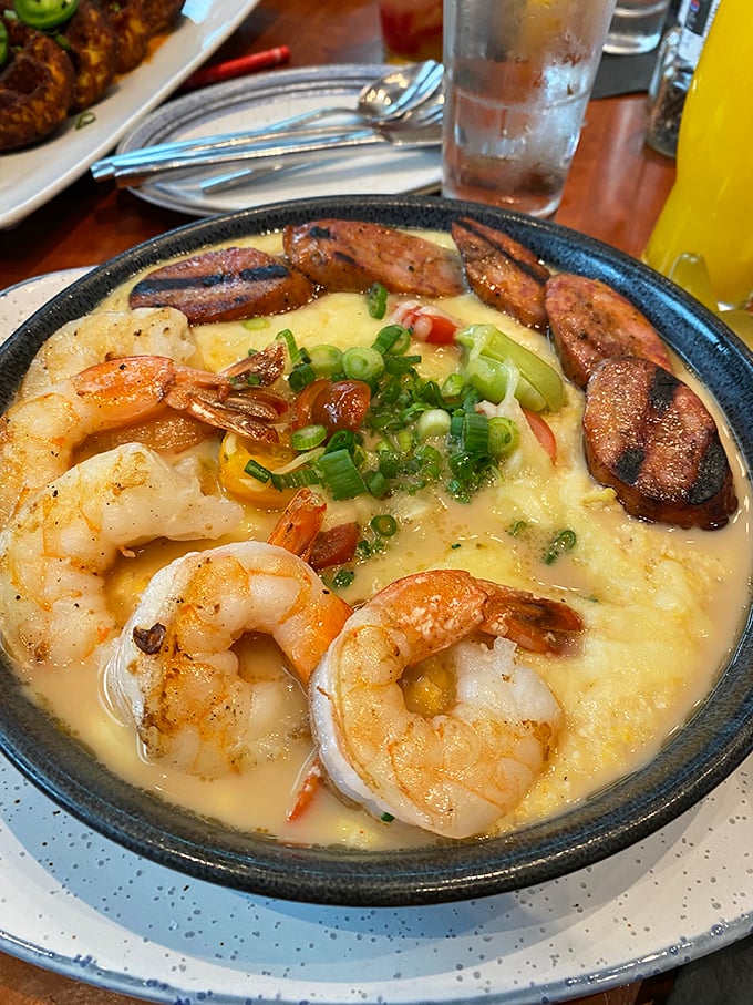 Shrimp and grits that would make a Southerner weep with joy—creamy, savory, and punctuated with perfectly cooked crustaceans.