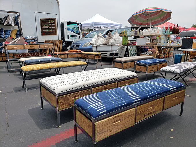 Mid-century meets modern craftsmanship. These handsome storage benches with indigo cushions would make Don Draper nod with approval.