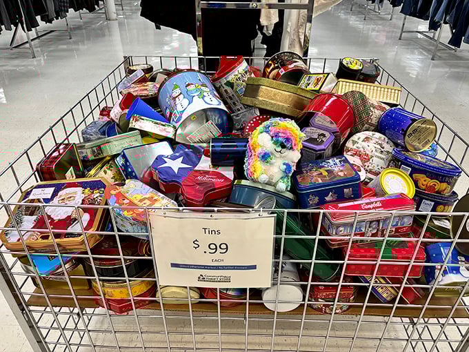 Decorative tins at 99 cents each – miniature time capsules from holidays past that once held cookies but now hold possibilities.