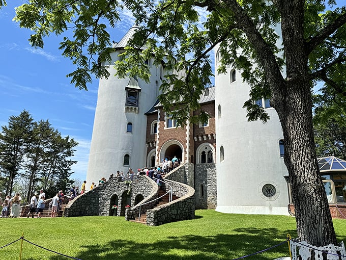 Grand entrance indeed! Visitors ascend the sweeping stone staircase to Castle Gwynn's impressive doorway, a journey that feels like stepping into the pages of history