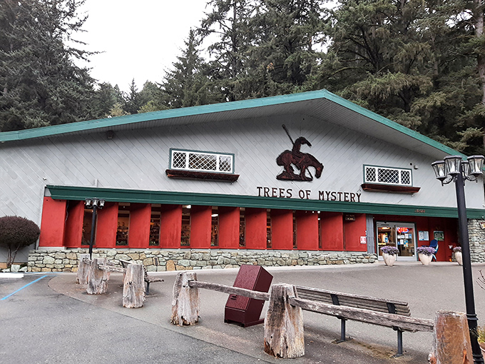 The Trees of Mystery gift shop and visitor center—where you can buy miniature versions of the giants you just photographed.