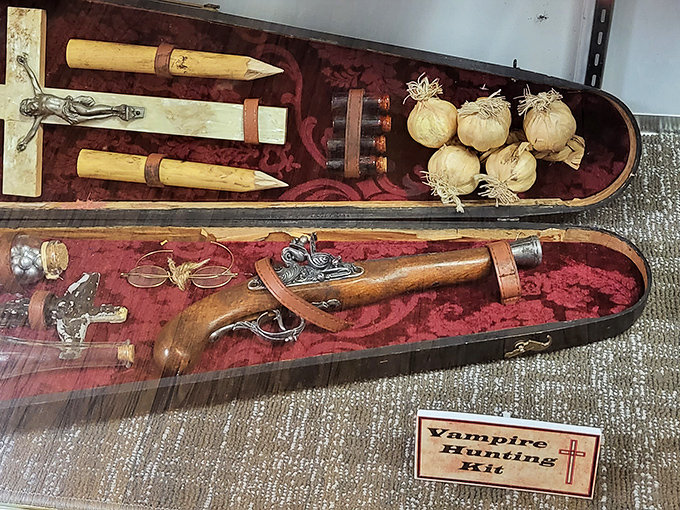 This vampire hunting kit would make Van Helsing proud. Wooden stakes, holy water, and silver bullets—everything a 19th-century monster hunter might need.