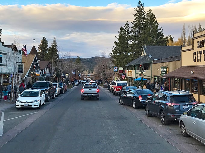 Big Bear's main street buzzing with that perfect mountain town energy year-round.