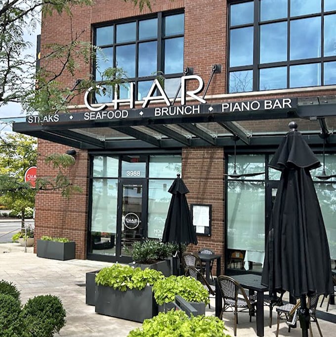 Char's modern brick exterior houses old-school steak expertise – where tradition meets innovation on a perfectly seared plate.
