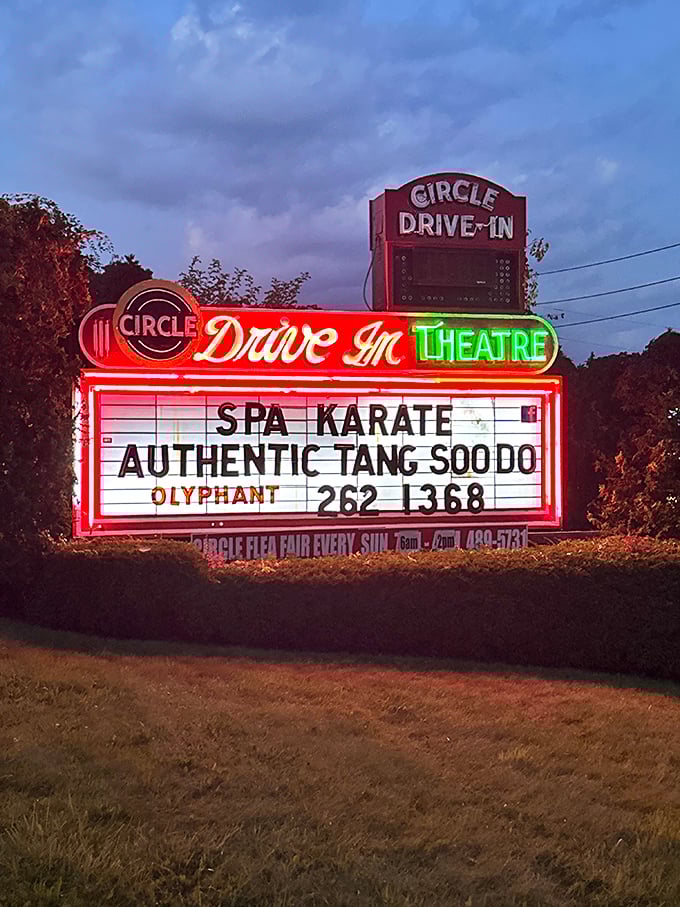 That neon glow! Circle Drive-In's vintage sign promises more than movies—it's a portal to simpler, starlit evenings.