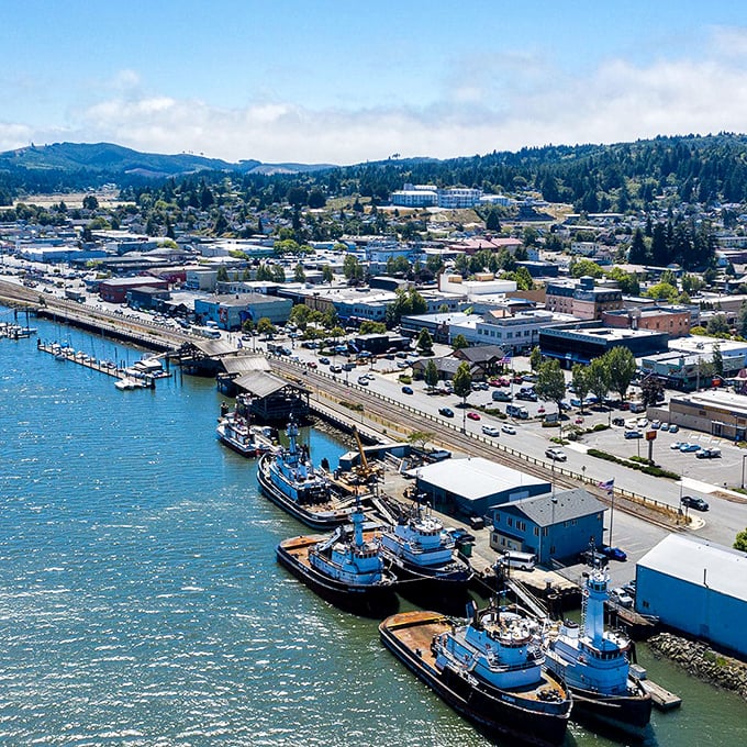 Coos Bay's working harbor brings coastal living within reach, where fishing boats promise fresh seafood at local prices.