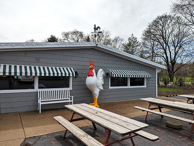 Crandall's playful exterior hints at the fun inside. That giant rooster isn't just decoration – it's a promise of poultry perfection.