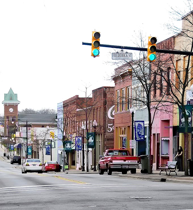 Gaffney's colorful downtown buildings pop against the blue Carolina sky, much like your retirement dollars stretch in this affordable gem.