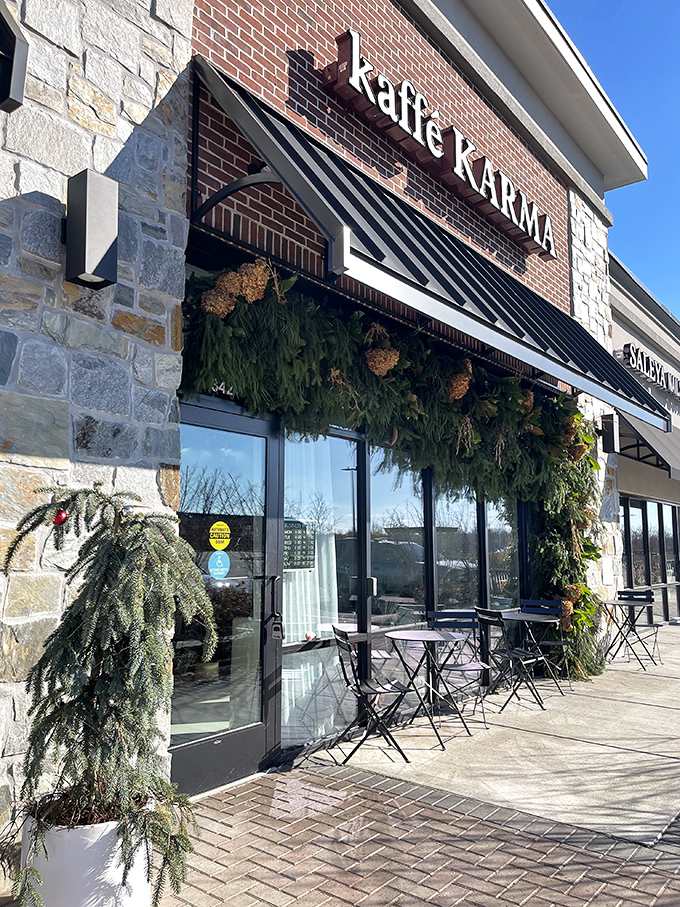 Kaffe Karma's stone and brick exterior feels substantial—much like the coffee experience waiting for you inside.