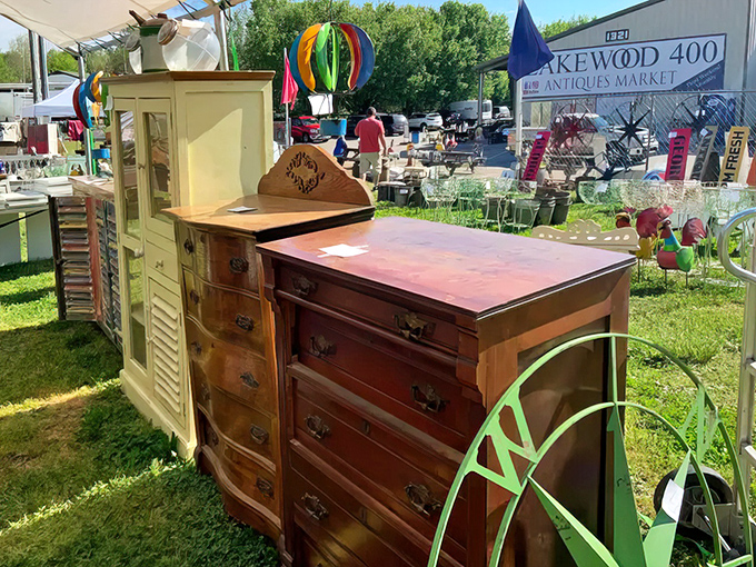 Antique dressers basking in sunshine at Lakewood 400—furniture with stories to tell, just waiting for the next chapter in your home.