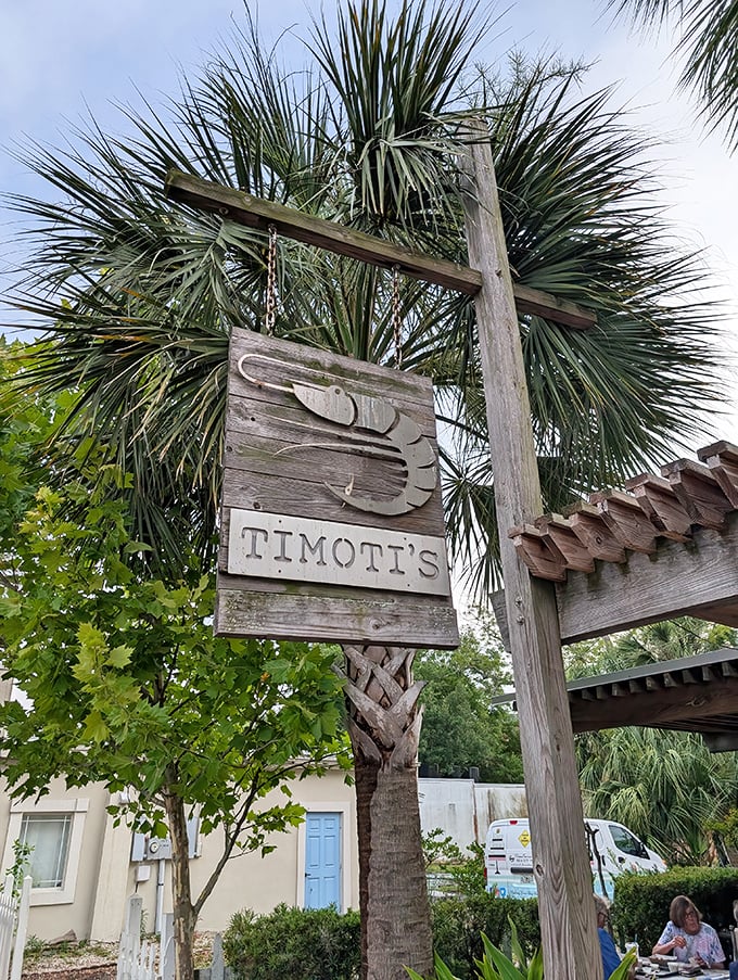 That wooden shrimp sign points the way to seafood heaven, where simplicity and freshness reign supreme.