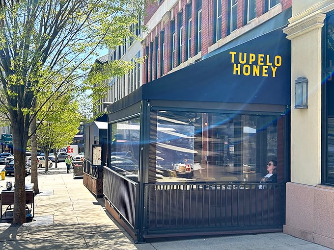 Tupelo Honey's street-side patio offers front-row seats to Asheville's charm – plus chicken that makes tourists consider permanent relocation.