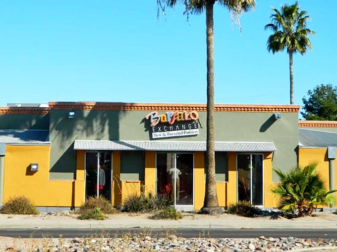 This isn't your grandmother's thrift store—Buffalo Exchange's vibrant exterior hints at the curated coolness waiting inside.
