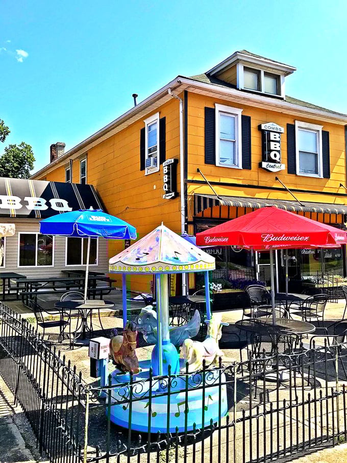 The little carousel adds a touch of whimsy to Combs' outdoor dining area – because great barbecue should always be fun.