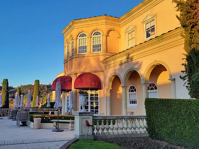 Sunset magic at its finest. This peachy facade glows like it's illuminated from within—just like you'll feel after a tasting.