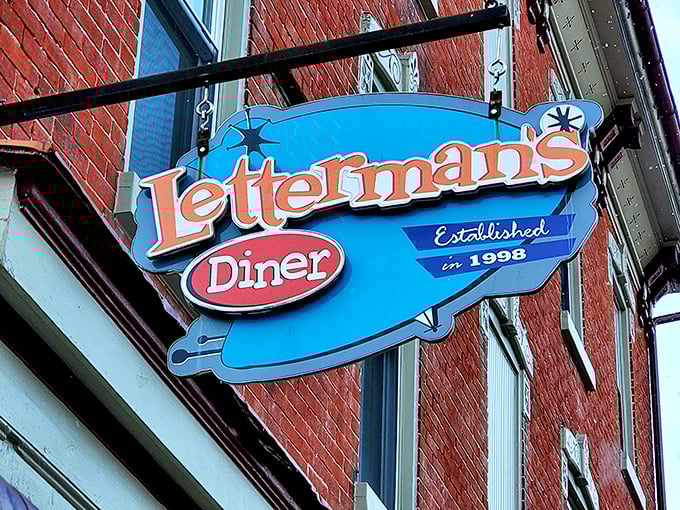 Brick walls and a blue-line flag speak to Letterman's community roots. Inside, coffee mugs are never empty and strangers quickly become regulars.