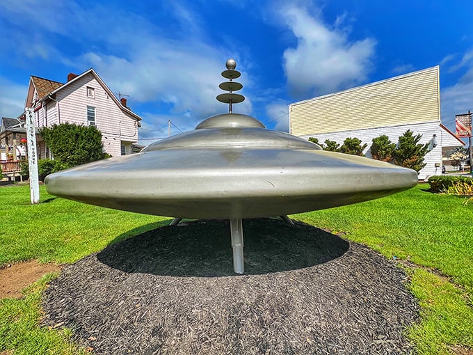 Mars Flying Saucer: Silver, shiny, and suspiciously round—this small-town spaceship stands ready for its close encounter with your camera.