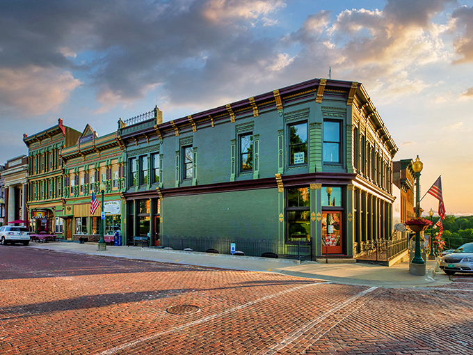 Sunset bathes Mount Carroll's historic buildings in golden light, turning ordinary brick into architectural treasure.