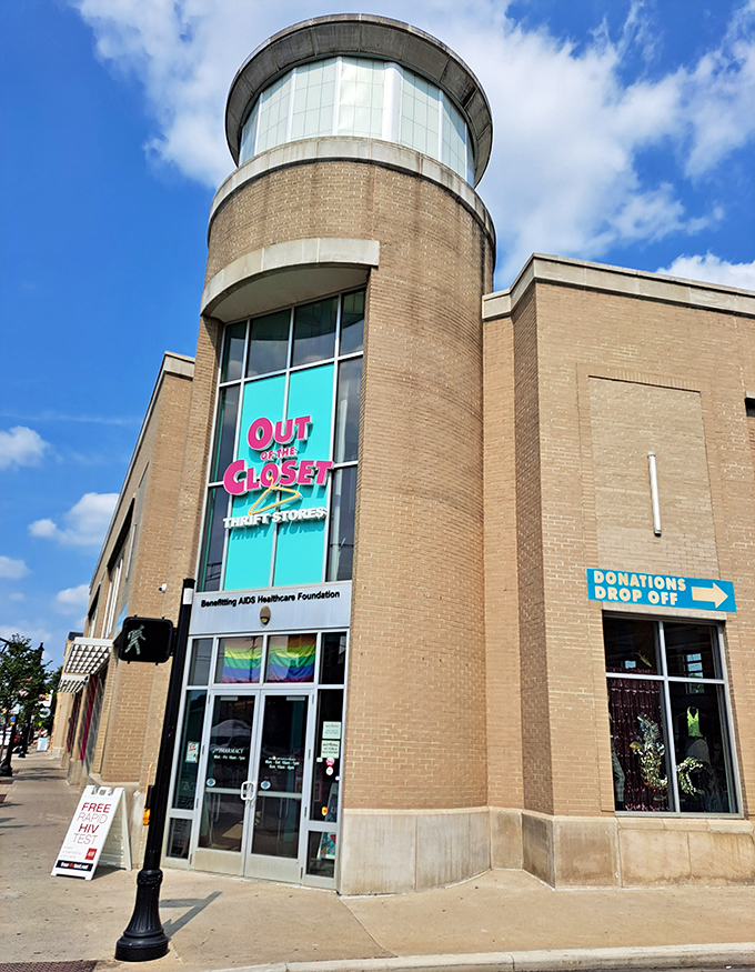 Sunlight bathes Out of the Closet's distinctive curved entrance – a modern beacon of both style and substance in Columbus.