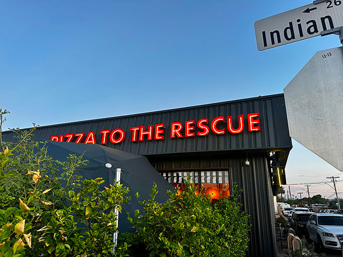 Modern, sleek, and ready to save your dinner plans – Pizza To The Rescue stands out like a superhero headquarters.