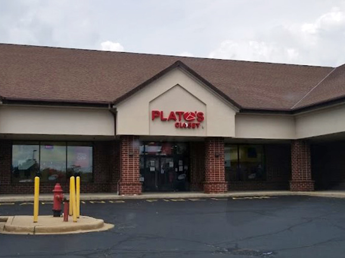 The understated storefront of Plato's Closet hides a wonderland of gently-used fashion treasures waiting to be discovered.