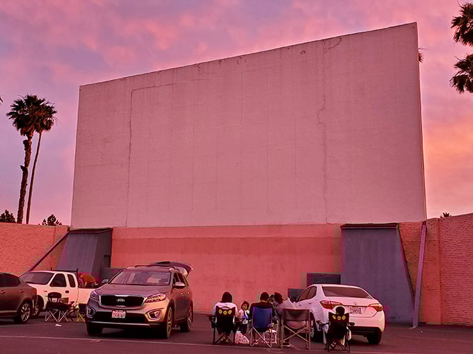 Pink skies and palm trees frame the massive screen at Rubidoux, California's answer to cinema paradise.