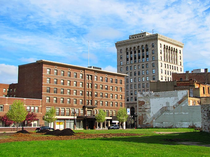 Classic brick and stone architecture anchors downtown Saginaw, where open spaces hint at the city’s blend of history and renewal.