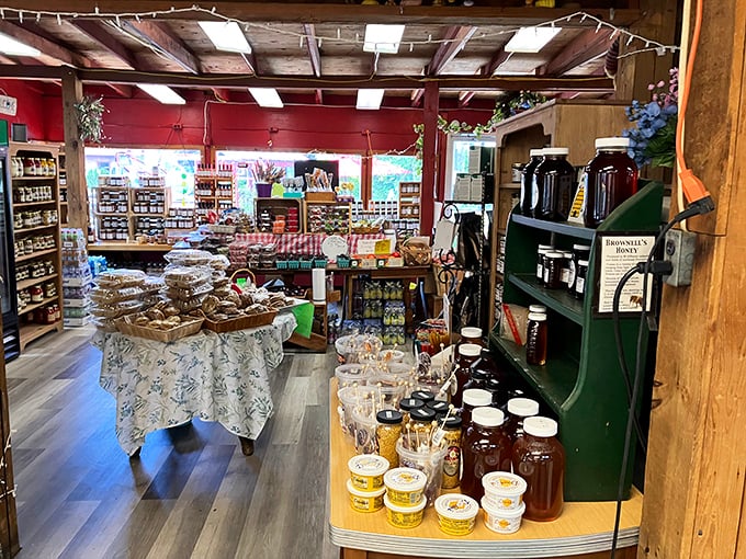 Honey jars line the shelves at Village Farmer, where local sweetness gets bottled alongside Pennsylvania's best baked goods.