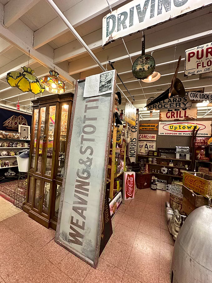 Wide aisles and clear organization make treasure hunting a breeze. Is that vintage Coca-Cola sign coming home with you?