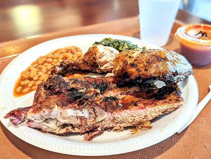 Chicken that's traveled to the promised land of perfect smoke. Those beans have clearly been simmering since the dawn of time. 