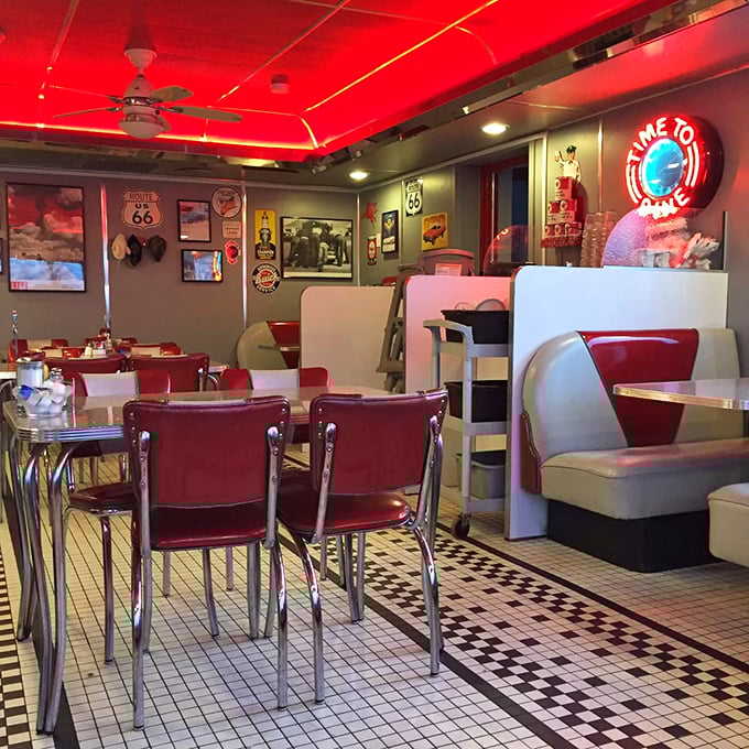Route 66 signs, cherry-red booths, and that magnificent jukebox—it's not retro, it's authentically vintage, like finding your cool grandparents' high school yearbook.