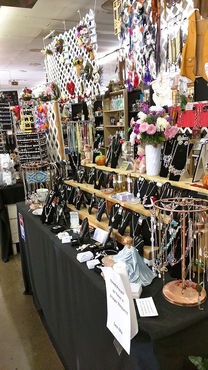 Jewelry displays transform ordinary tables into treasure chests, where necklaces and baubles await their chance to become someone's favorite accessory.